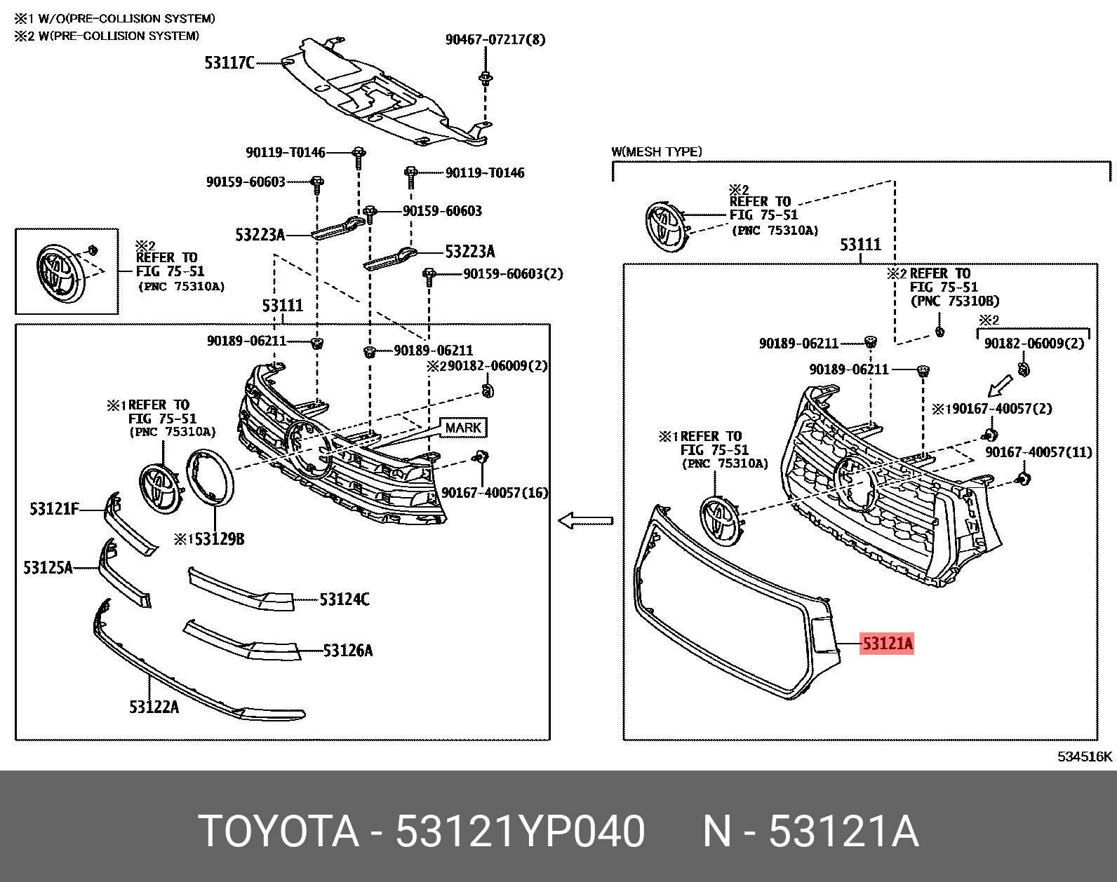 53121-YP040 GENUINE TOYOTA 53121YP040, HILUX 201708 - 202005, GUN125 ...