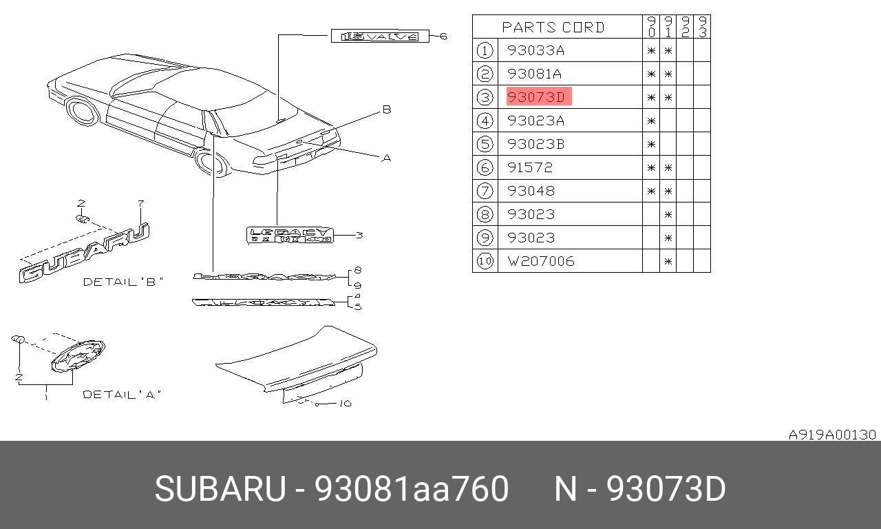 Originale OE grado letterario 93081AA760 per Subaru 93081-AA760